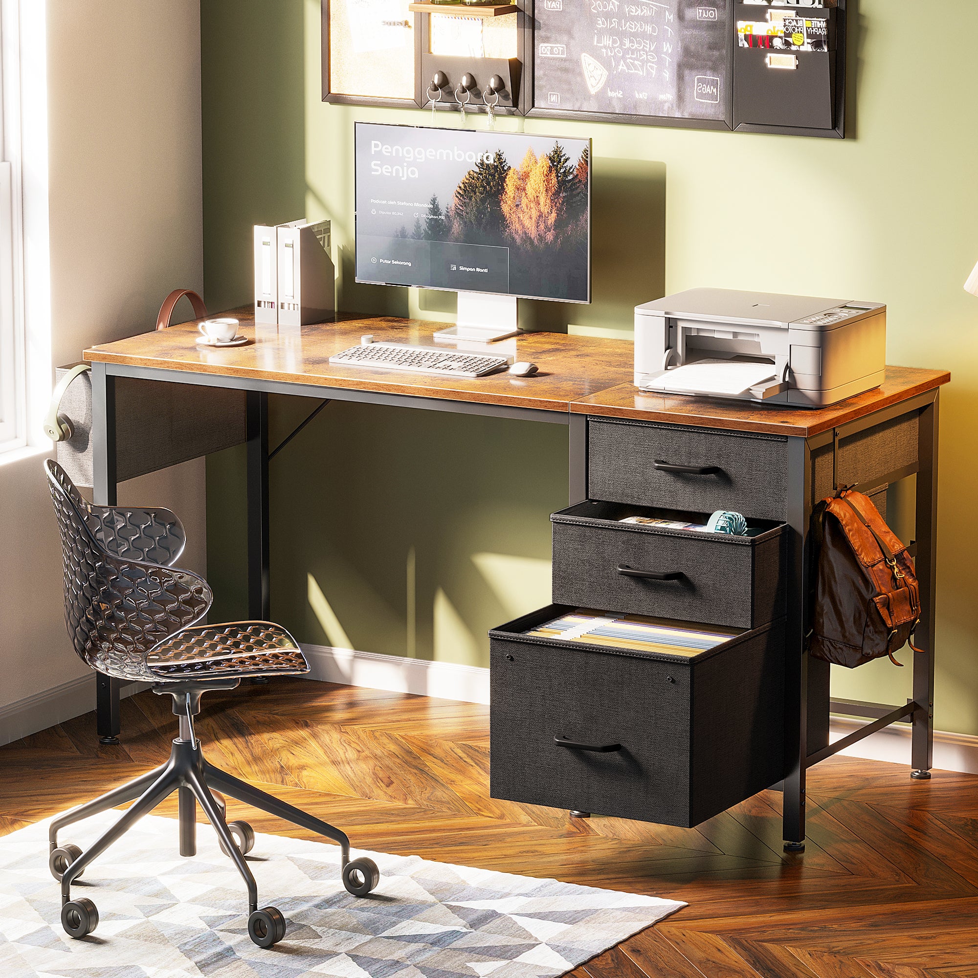 48 Inch Computer Desk with 3 Fabric Drawers & Storage Bag, Home Office ...